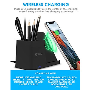 Aduro U-Light LED Desk Lamp Organizer Desk Light with Pen Holder & QI Wireless Charger Stand Black