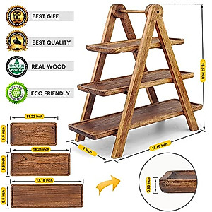 Manspdier Wood 3 Tier Serving Tray Three Tiered Cupcake Stand, Rectangle Serving Platter Wooden Farmhouse Tiered Tray, Party Serving Brown Decorative Tray Tray Decor