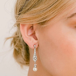 Frankie Fashions Vintage Pearl Dangle Earrings Pearl Wedding Earrings for Brides Bridesmaids Mother of the Bride w/Stunning Pearls and Cubic Zirconia (Silver)