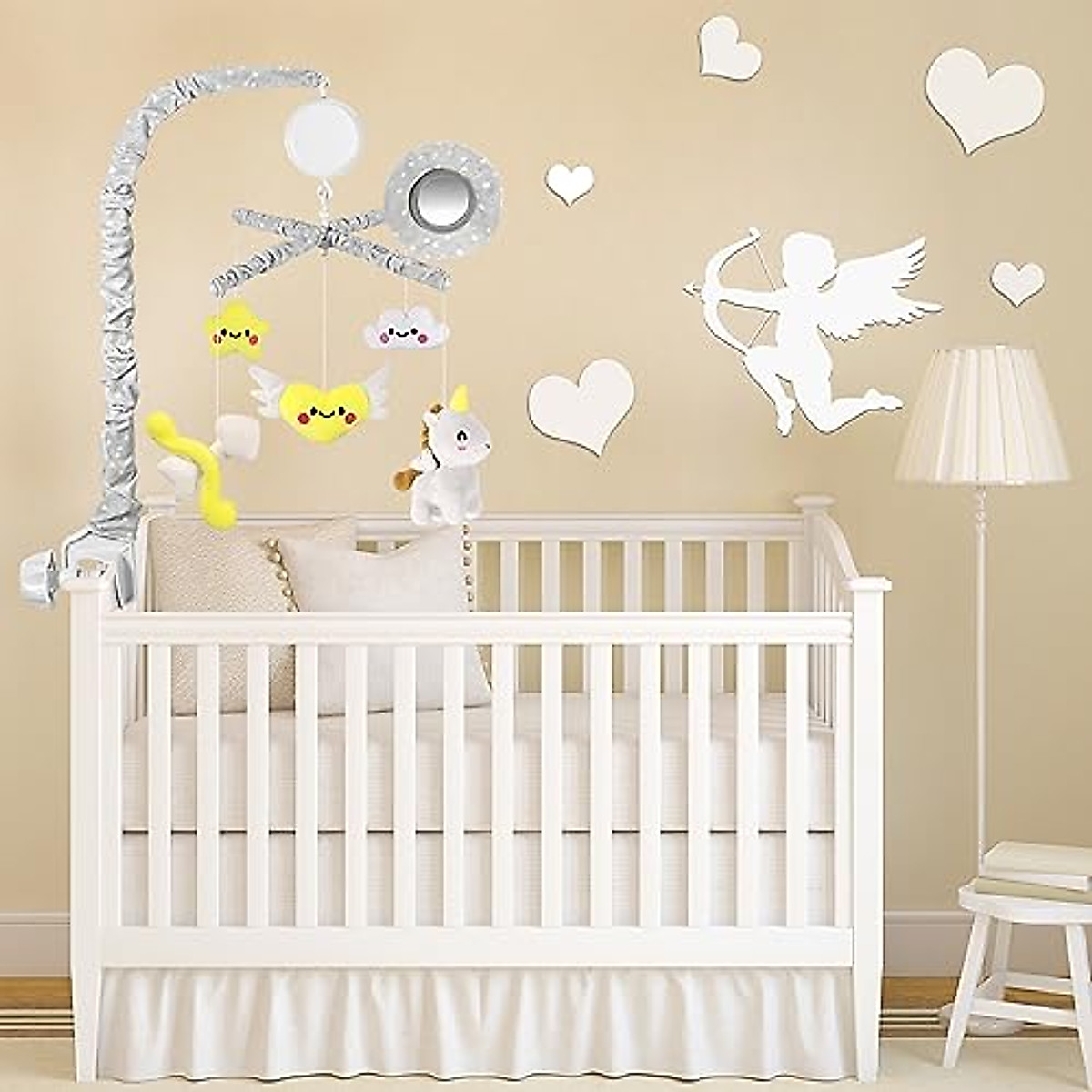 SHIDEER Baby Mobile for Crib, Baby Crib Mobile with Mirror, Nursery Mobiles with 3 Modes Musical Box, Volume & Songs Control,36 Lullabies,Hanging Rotating Crib Toys for Boys Girls (Cute Heart Theme)