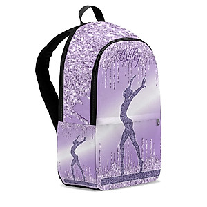Personalized Name Violet Purple Glitter Print Girls Gymnastics Backpack Unisex Bookbag for Boy Girl Travel Daypack Bag Purse 17.7 IN