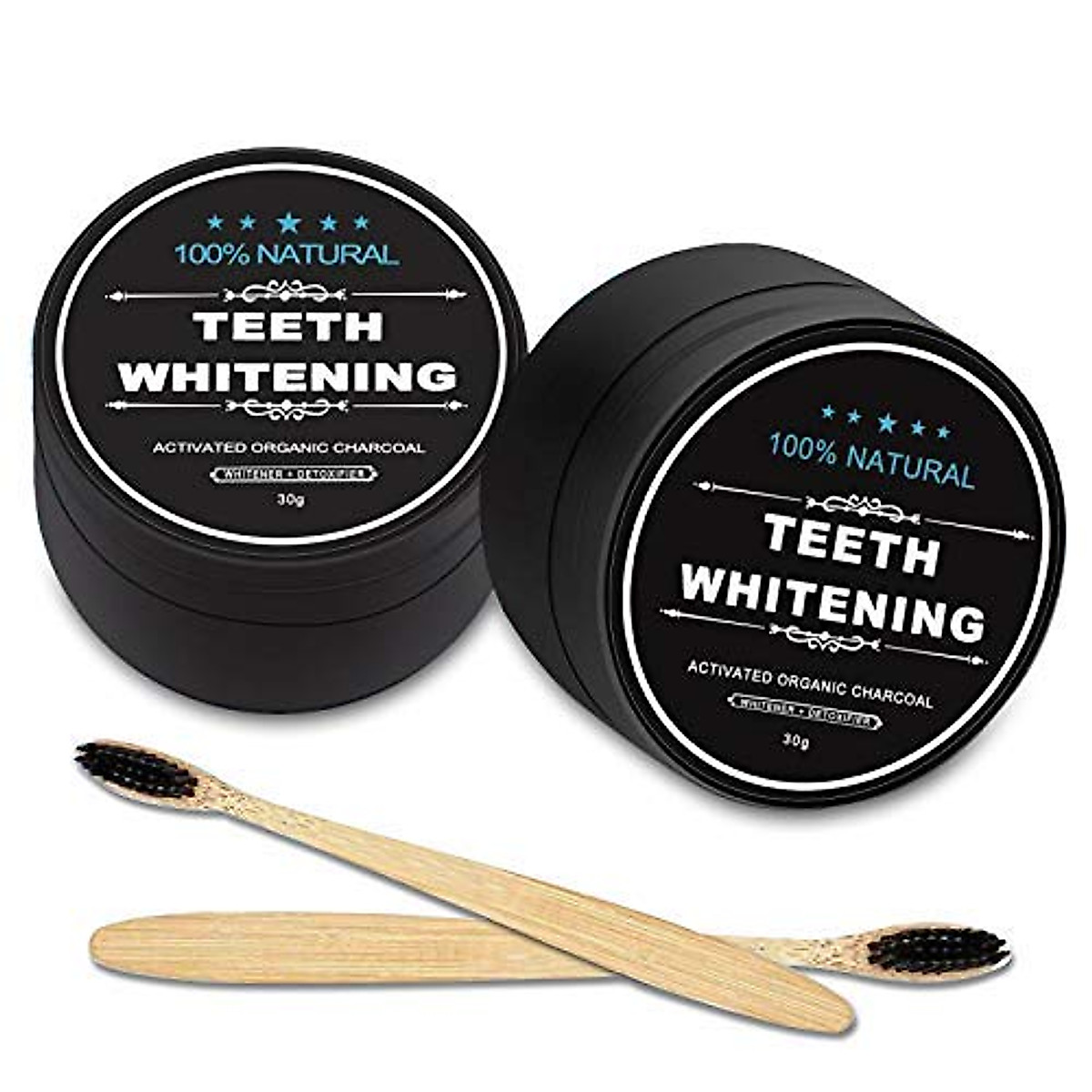 2-Pack Activated Charcoal Teeth Whitening Powder Nimiah Natural Coconut Teeth Whitener with Bamboo Brushes & Tongue Scrapers