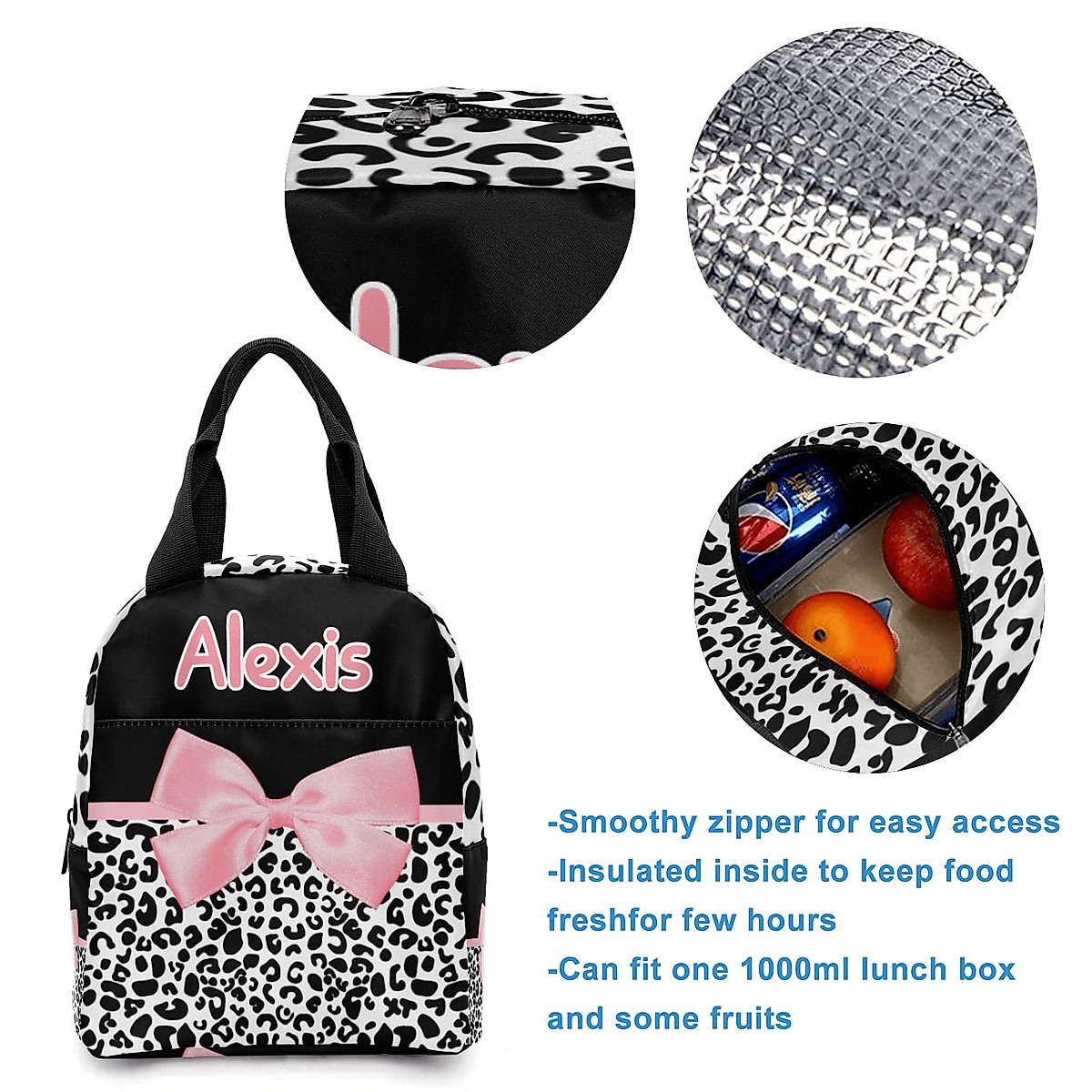 Anneunique Customized Leopard Print Pink Black Bow Backpacks Set with Name Multifunctional Series Pack 1Casual Pack +1Lunch Handbag +1Pencil Case