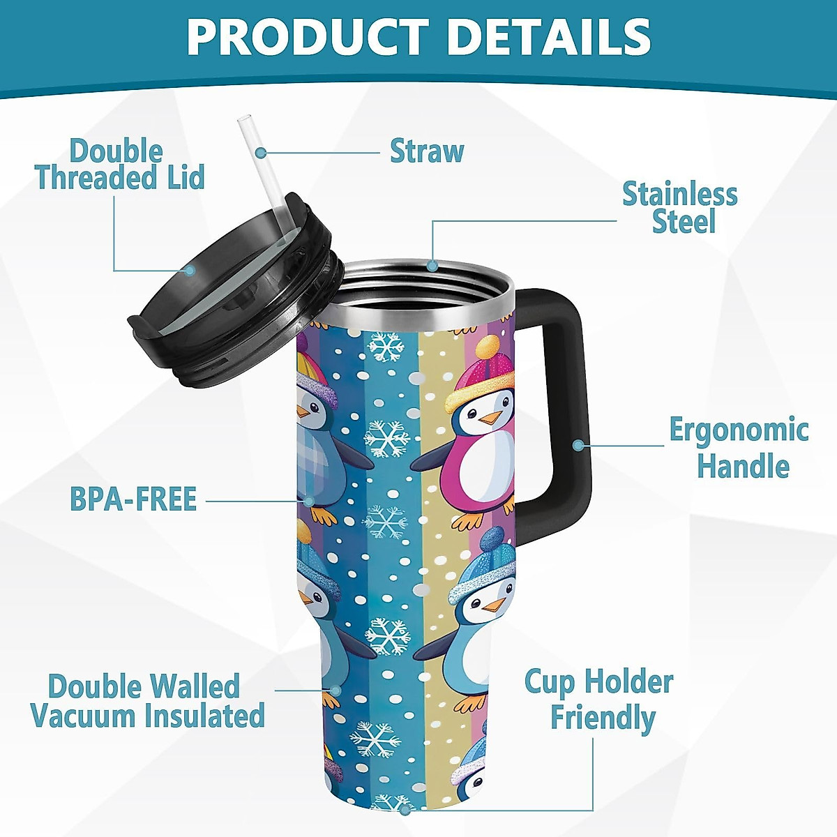 FRCSDIY Cartoon Penguin Insulated Tumbler with Handle and Straw Lid,30oz Leakproof Stainless Steel Cup BPA-Free Water Bottle