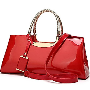 XingChen Glossy Women Handbag Faux Patent Leather Top-Handle Bag Structured Shoulder Bag Tote Evening Purse Party Satchel(Red)
