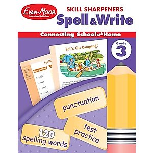 Evan-Moor Skill Sharpeners Spell and Write Workbook, Grade 3, 120 Spelling Words, Test Prep, Word Families, Short Vowels, Grammar, Punctuation, Creative Writing, Vocabulary, Activities, Homeschool