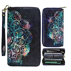ENYISDAN Women's Large Capacity Leather RFID Wallet,Put Card Holder Phone,Sunflower Zip Purse Clutch for Travel Work (Nebula)