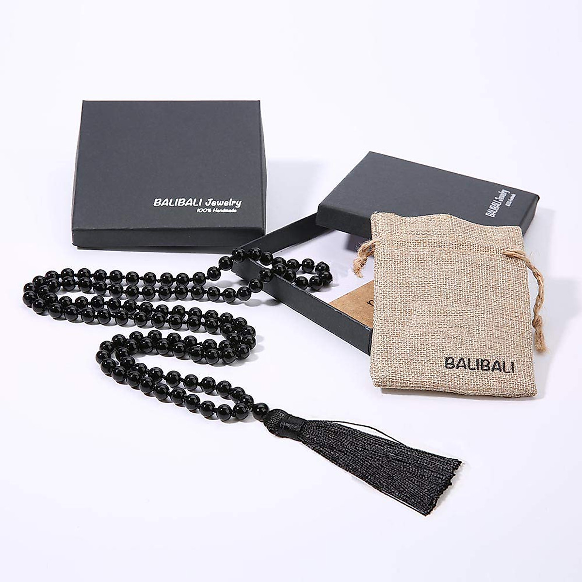 BALIBALI 8MM Beads Chakra Long Mala Necklace Natural Stone Meditation Statement Necklace Japa Yoga Rosary Prayer Charm Beaded Tassel Necklace (Black Agate)