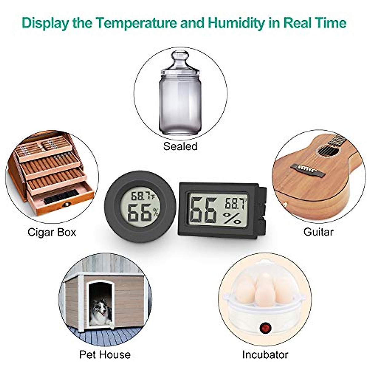 10-Pack Mini Digital Thermometer Hygrometer, Indoor Room Round Temperature Humidity Meter Gauge monitor, Large LCD Display Fahrenheit or Celsius for Greenhouse, Home, reptile, Humidors, office, Garden