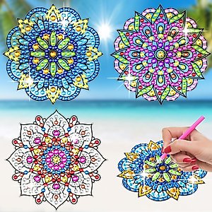 BSRESIN Diamond Art Stained Glass Window Clings with Diamond DIY Pen, 3 Pcs Mandala Window Stickers for Suncatchers, Diamond Art Kits for Adults, Diamond Art Accessories