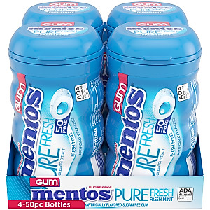 Mentos Pure Fresh Sugar-Free Chewing Gum with Xylitol, Fresh Mint, 50 Piece Bottle (Bulk Pack of 4)