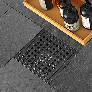 Bmvlffs Square Shower Floor Drain, Bmvlffs 6 Inch Matte Black, Brushed SUS 304 Stainless Steel with Removable Quadrato Patten Grate, Flange Includes Hair Strainer