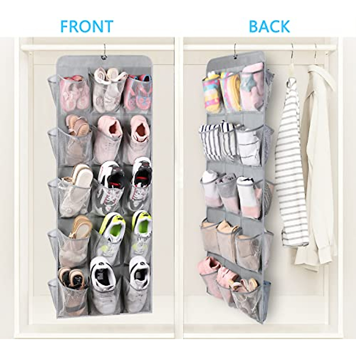 MISSLO 30 Large Pockets Dual Sided Hanging Shoe Organizer + Long 3 Tier Shoe Rack for Closet Shoe Organizer Storage Stackable Wide Shoe Shelf Holds 24 Pairs of Men Sneakers, Women Heels, Boots