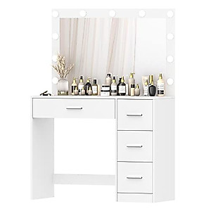Irontar Makeup Vanity Table, Makeup Table with Large Mirror and 11 LED Lights, Brightness Adjustable, Dressing Table Desk with 4 Drawers, Bedroom Vanity Desk for Girls, Women, White WDT002W