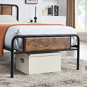 VECELO Twin Size Bed Frames Metal Platform with Wood Headboard, Heavy Duty Steel Slats Support/Easy Assemble,Dark Brown