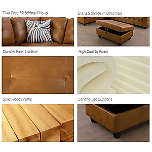 AYCP Golden Coast Furniture Sectional Sofa Set, L Shape Couch, Living Room Sofa Set, Leather Sectional Sofa with Storage Ottoman 103.5inch x 74.5inch x 35inch
