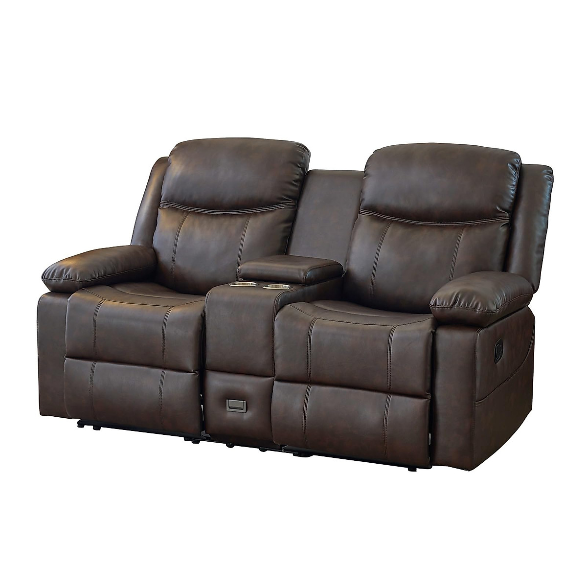 PALLOME Loveseat Recliner Sofa, PU Leather Sofa Couch, Manual Recliner Loveseat with Console, Double Reclining RV Sofa with Cup Holders and Side Pocket for Living Room/Office/Apartment (Brown)