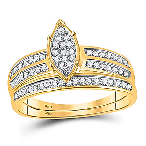 Sizes - L = 9, M = 9 - 10K Yellow Two Tone Gold Round Diamond Trio Three Ring Set - Matching His and Hers Engagement Ring & Wedding Bands - Micro Pave Marquise Center Setting Shape (.28 cttw.) - Please use drop down menu to select your desired ring sizes