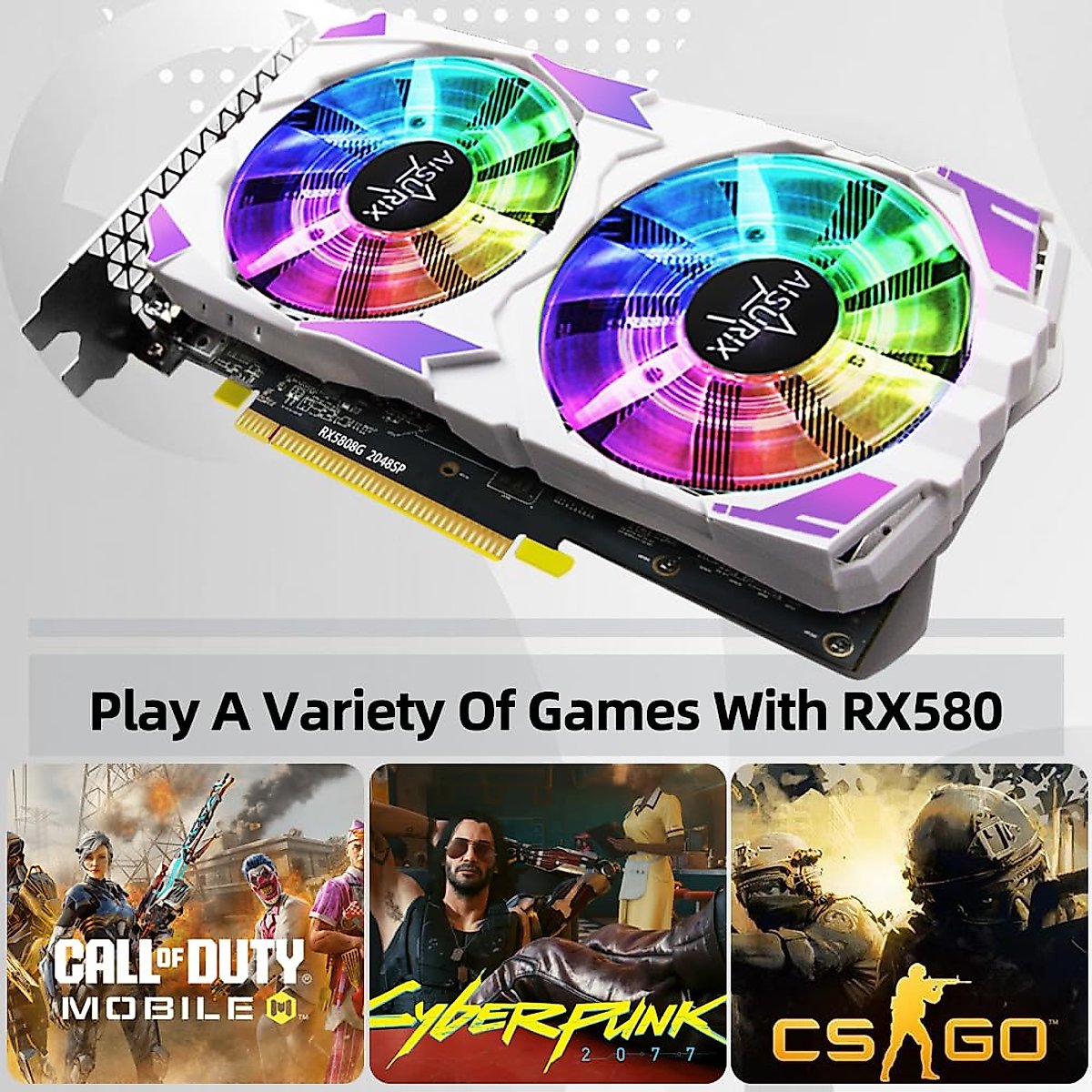 AISURIX RX 580 Graphics Card, 2048SP, Real 8GB, GDDR5, 256 Bit, Pc Gaming Video Card, 2XDP, HDMI, PCI Express 3.0 with Freeze Fans ，Graphics Card for Gaming pc