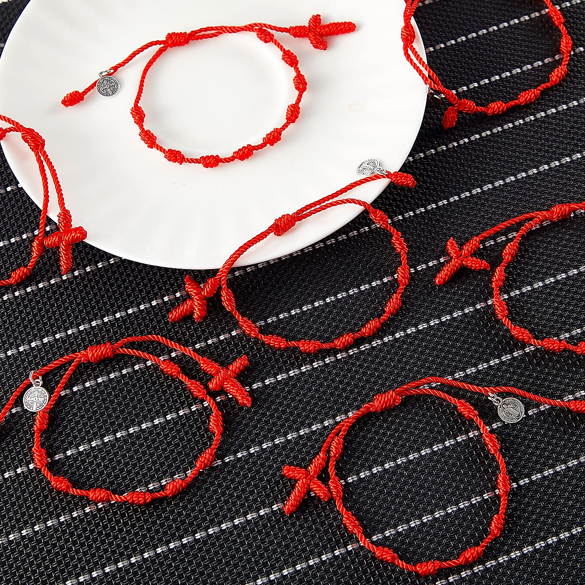 Yinkin 30 Pieces St Benedict Medal Rosary Bracelet Bulk Adjustable Knot String Braided Bracelet Baby Protection Mexican Bracelets with Mesh Bags for Women Men Girls Boys Minimalist Jewelry (Red)