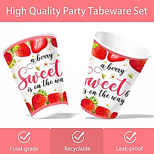JVORFDG 169pcs Strawberry Baby Shower Deorations Berry Sweet Plates Napkins Cups Tablecloths A Berry Sweet Baby is On The Way Paper Tableware Set Strawberry Party Supplies Serves 24 Guests