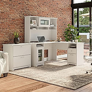Bush Furniture Cabot 60W L Shaped Computer Desk with Hutch and Lateral File Cabinet, White