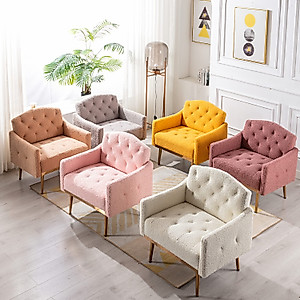 Olela Modern Accent Chair with Arms, Tufted Decorative Single Sofa Fabric Armchair with Gold Metal Legs, Upholstered Reading Chair for Living Room Bedroom Office (White - Fabric)