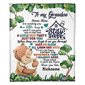Personalized to My Grandson Baby Bear Blanket Gifts for Grandson from Grandma I Am Sending You A Little Hug Customized Blanket for Birthday Fathers Day Wedding Anniversary