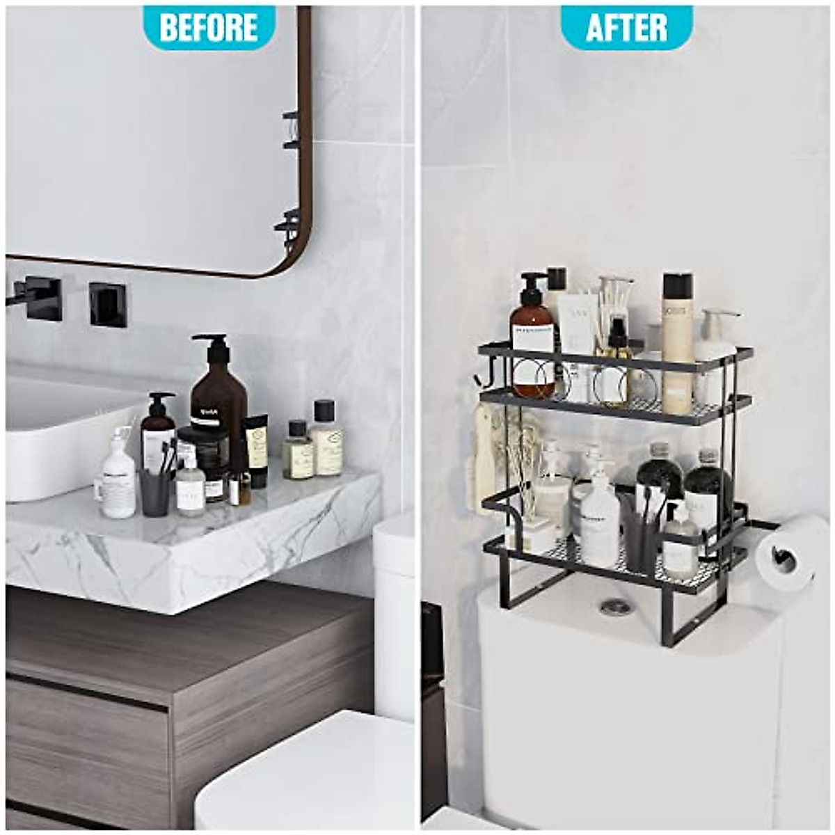 CAEKAIGTA Over The Toilet Storage Shelf, Bathroom Over Toilet Storage Shelf, 2 Tier Above Toilet Storage with Toilet Paper Holder, No Drilling with Wall Mounting Design, Space Saver (Black)