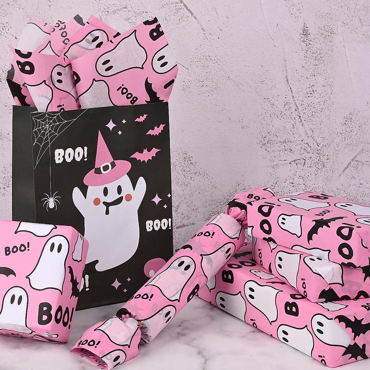100 Sheets 20 * 14 Inches Pink Ghost and Boo Tissue Paper Halloween Bat Ghost Printed Tissue Paper for Birthday Party Baby Shower Halloween Party DIY Craft