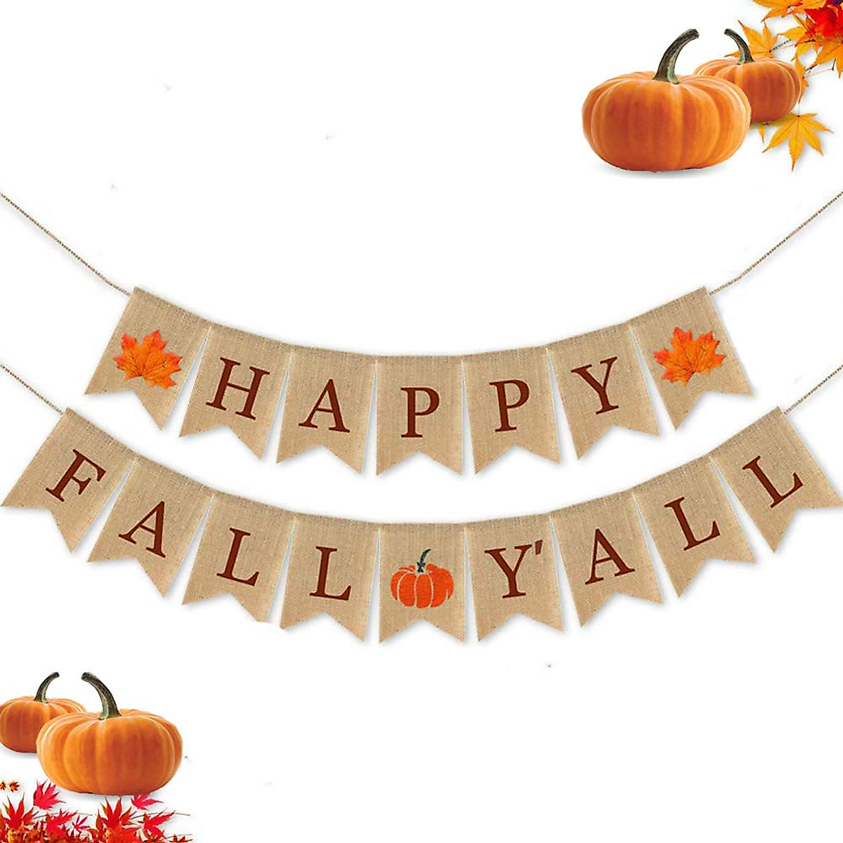 Happy Fall Yall Burlap Banner for Fireplace Thanksgiving Decor Fall Sign Mantel Autumn Rustic Maple Leaf Pumpkin Harvest Banner Decorations Home Wall Hanging Indoor Outdoor Office