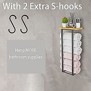 Towel Racks for Bathroom, Towel Rack Holder Wall Mounted Towel Storage, Homeiju Metal Towel Holder with Bamboo Shelf, Wall Towel Storage Rack Shelf for Rolled Towels, Black