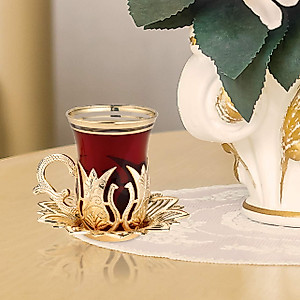 LaModaHome Golden Tea Set of 6 and Tray - Includes 6 Glasses, 6 Saucers Holders, and a Tray - VIP Special Serving Turkish Tulip - Arabic, Moroccan Coffee Sets - Cups and Mugs