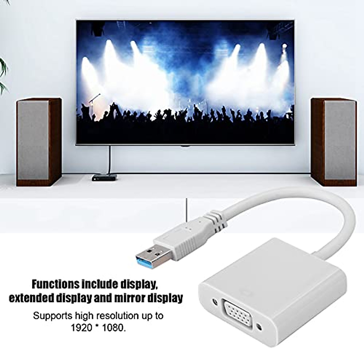 Mini USB to VGA Adapter, USB to VGA Cable Adapter Converter, USB 3.0 to VGA Adapter Cable for Computer (White)