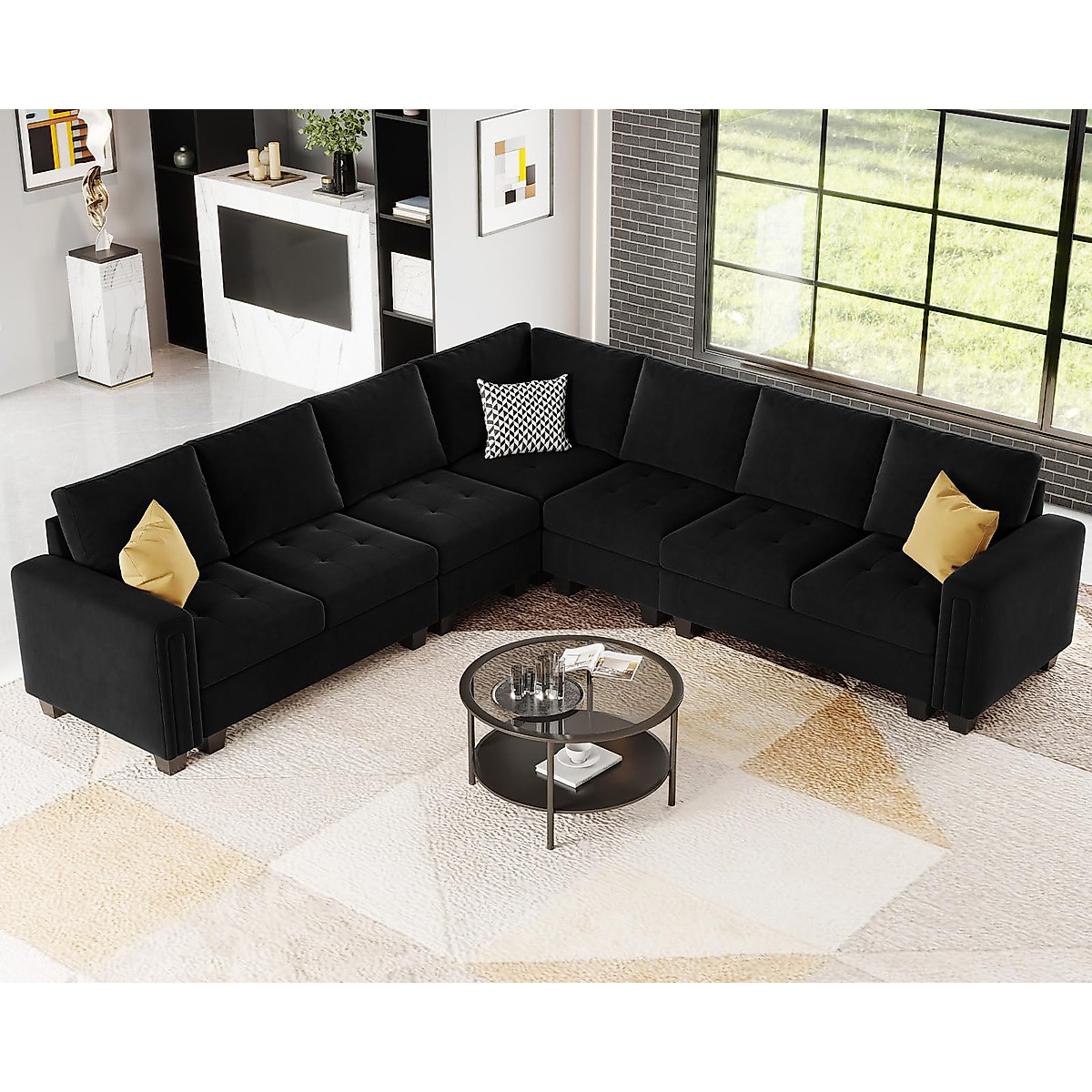 Belffin Modular Velvet Sectional L Shape Sofa Couch Oversized Convertible Sectional Sofa Couch with Reversible Chaise for Living Room Black