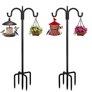 FEED GARDEN Adjustable Double Shepherd Hook for Outdoor with 5 Prong Base 75 Inch Heavy Duty Two Sided Bird Feeder Pole for Hanging Plant Baskets, Solar Light Lanterns, Wind Chimes 2 Pack