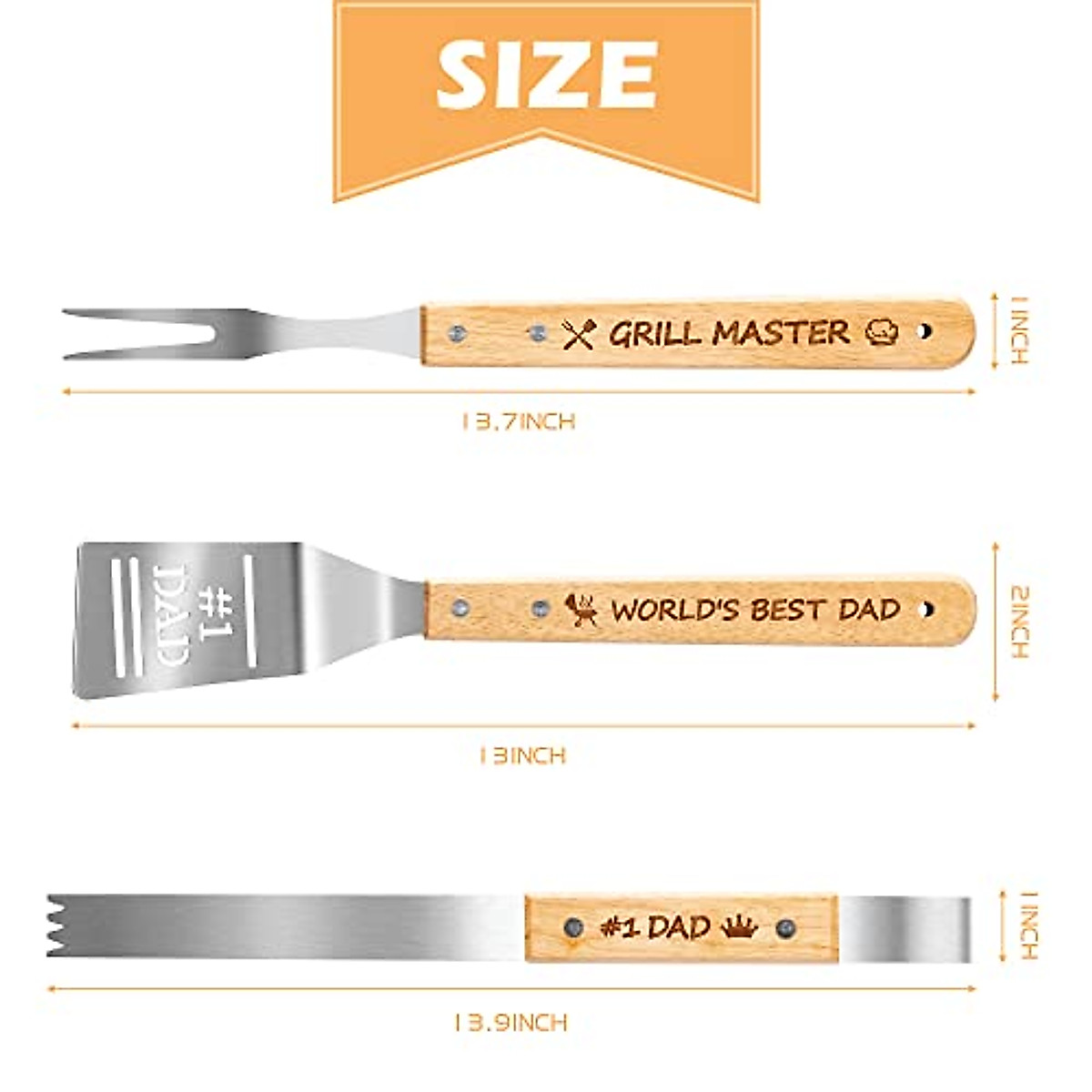Haooryx 3PCS Father Grilling Tool BBQ Accessories Set World's Best Dad Stainless Steel Grilling Tong for Men Outdoor Camping Housewarming Party Gift Supplies Father's Day Dad's Birthday Present