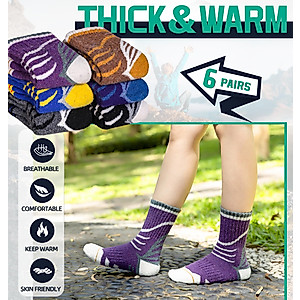 Kids Hiking Walking Socks, Boys Girls Toddlers Merino Wool Warm Socks,Wicking Cushion Crew Socks (6 Pairs A, 4-8 Years)