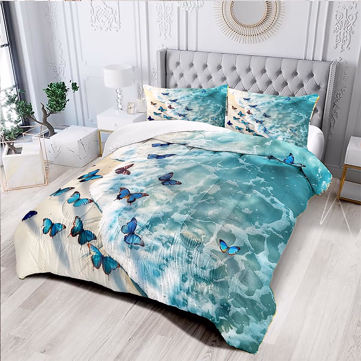 CCoutueChen Sea Butterfly Comforter Set Queen Size Tropical Ocean Beach Bedding Sets Hawaii Coastal Comforter Blue Ocean Animal Bed Set 3Pcs Soft Fluffy Lightweight Comforter (Girls Women Adult)