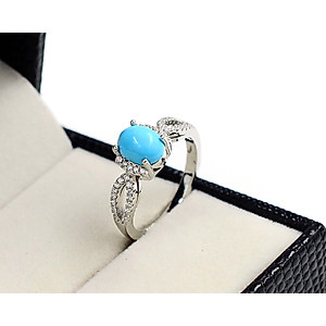8X6 MM Oval Natural Blue Turquoise Cabochon 925 Sterling Silver December Birthstone Solitaire Unisex Proposal Ring Valentine Day Gift For Girlfriend Gift (Rhodium Plated Silver, 8)
