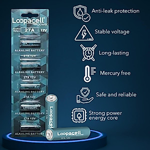 LOOPACELL 27A 12V Alkaline Battery (Pack of 5) - Long Lasting, Leakproof MN27 Battery for Garage Door Openers, Key Fobs, Heated Socks, Ceiling Fan Remote Control, Alarm Remote Control & More