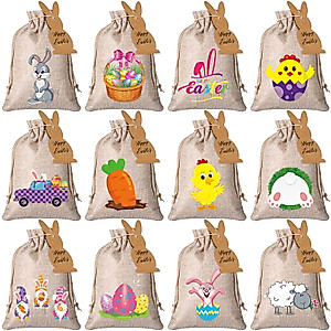 24 Pcs Easter Burlap Drawstring Bags Easter Burlap Bags with Drawstrings Bunny Linen Goody Gift Bags with Double Jute Drawstrings Easter Bags Burlap Easter Bunny Bags for Easter Party (Bright Style)