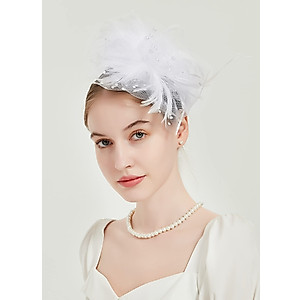 Fascinators for Women Tea Party Headband Kentucky Derby Hats Cocktail Flower Mesh Feathers Headwear Hair Clip for Wedding White