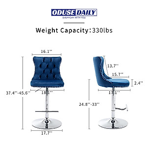 ODUSE-DAILY Velvet Swivel Bar Stools Set of 2, 25-33 Inch Height Adjustable, Counter Height Bar Stools with Back, Bar Chairs for Counter Height Bar Height Kitchen Island (Chrome, 2 Blue)