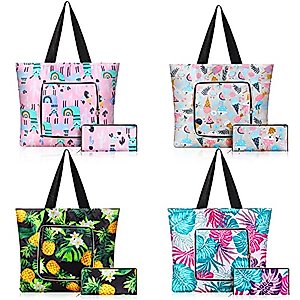 Woanger 4 Pcs Reusable Shopping Bags Washable Foldable Grocery Bags with Handles Zippered Waterproof Tote Oxford(Cute Style)