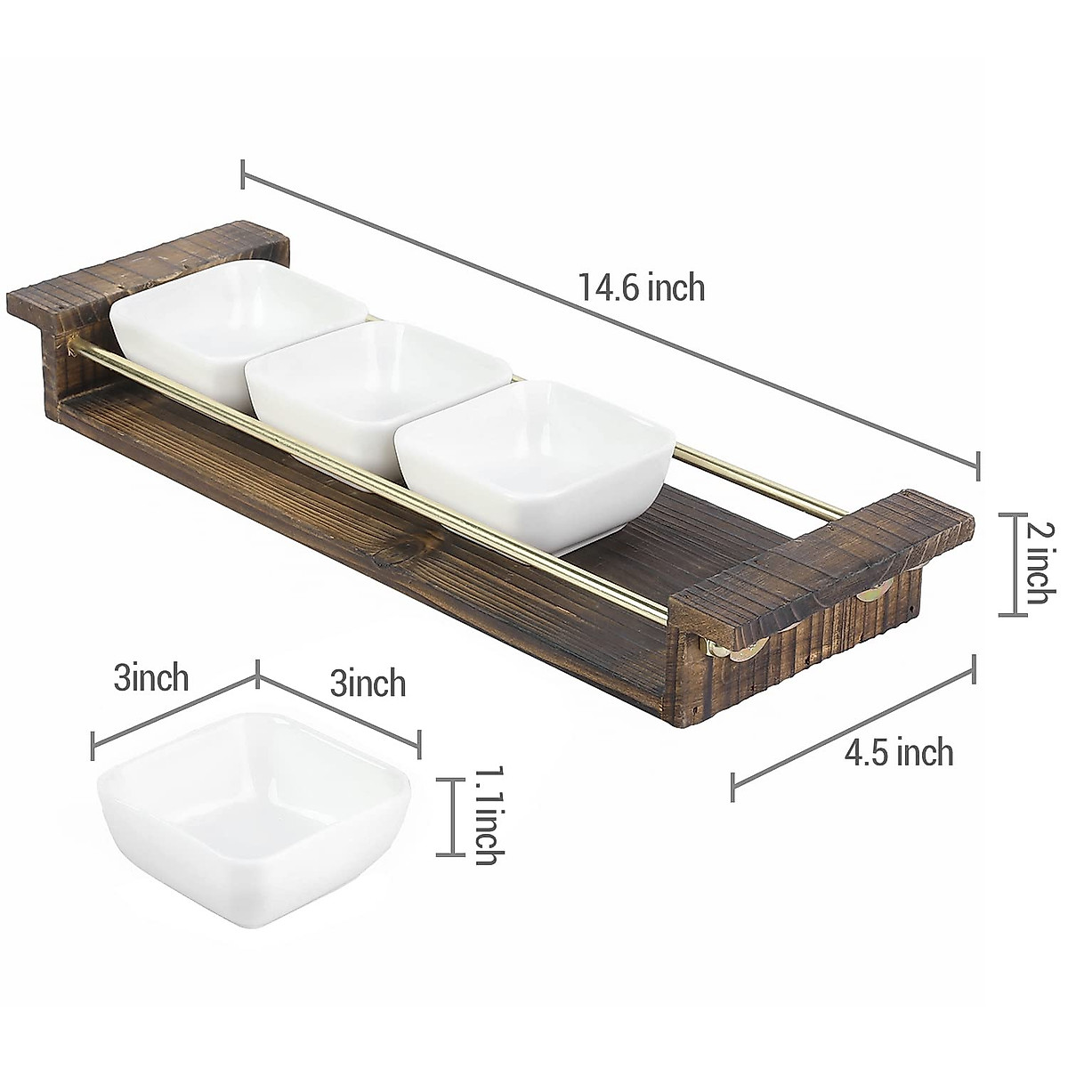 MyGift 5 Piece White Ceramic Small Dip Bowl and Burnt Wood Serving Tray Party Set, Mini Condiment Dipping Bowls for Appetizer, Soy Sauce, BBQ