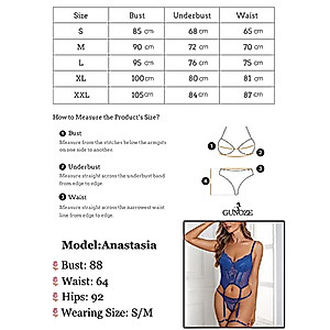 GUNOZE Garter Lingerie For Women, Sexy Lace Teddy Babydoll Bodysuit Lingerie, 2 Piece Women Lace Lingerie Set with Garter - Blue(M)