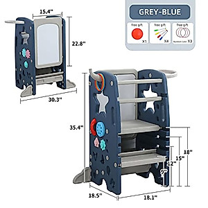 UNICOO –Kids Kitchen Step Stool with Double Safety Rails, Toddler Learning Stool with 3 Adjustable Heights and Non-Slip Foot Pads, Toddler Tower for Kitchen Countertop and Bathroom (OMLT-Dark Blue)