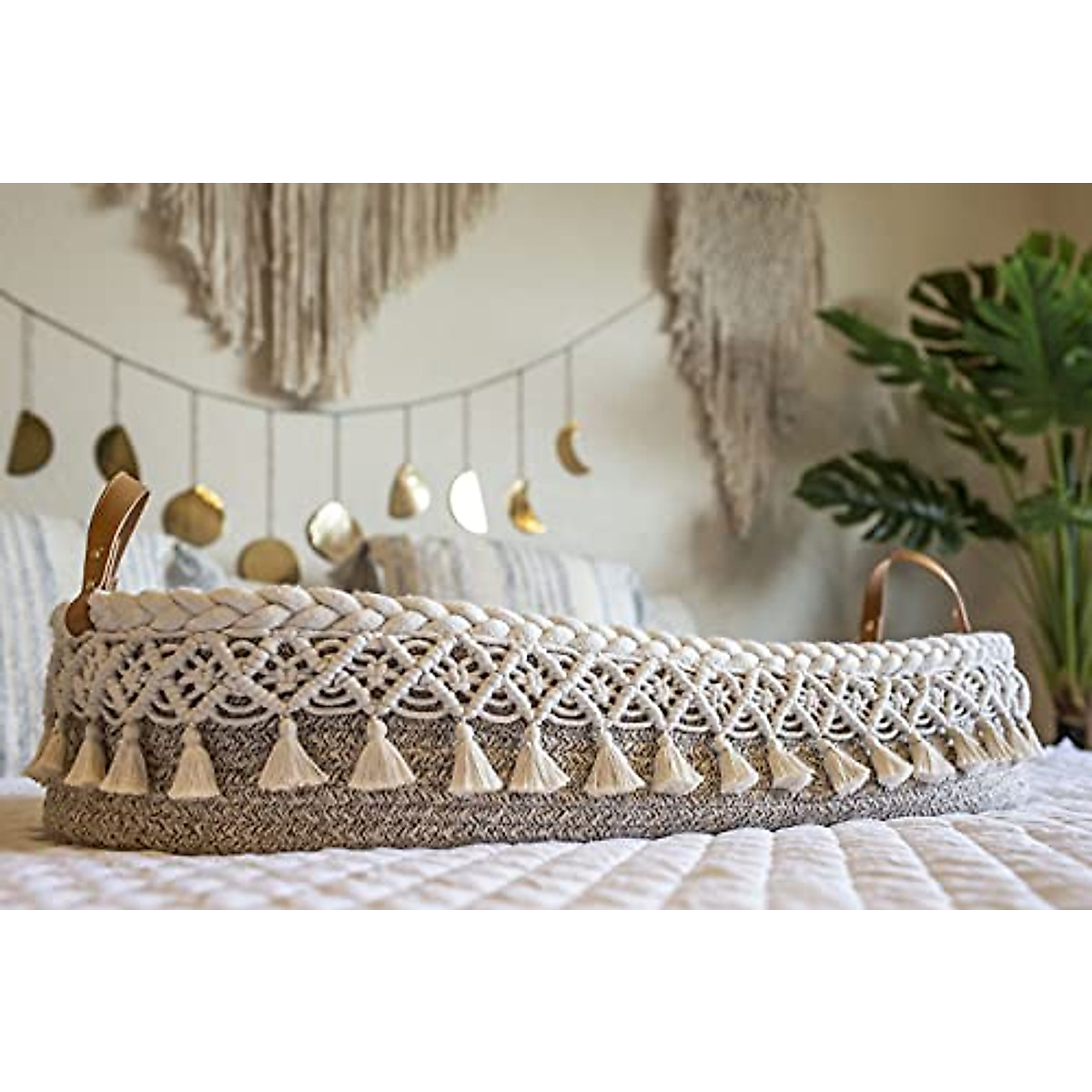 Aumterra Baby Changing Basket with Pad and Safety Straps - Luxury Macrame Design/Baby Moses Baskets/Boho Baby Decor/Baby Shower Gifts/Includes Diaper Caddy, Carry Bag and Waterproof Pad