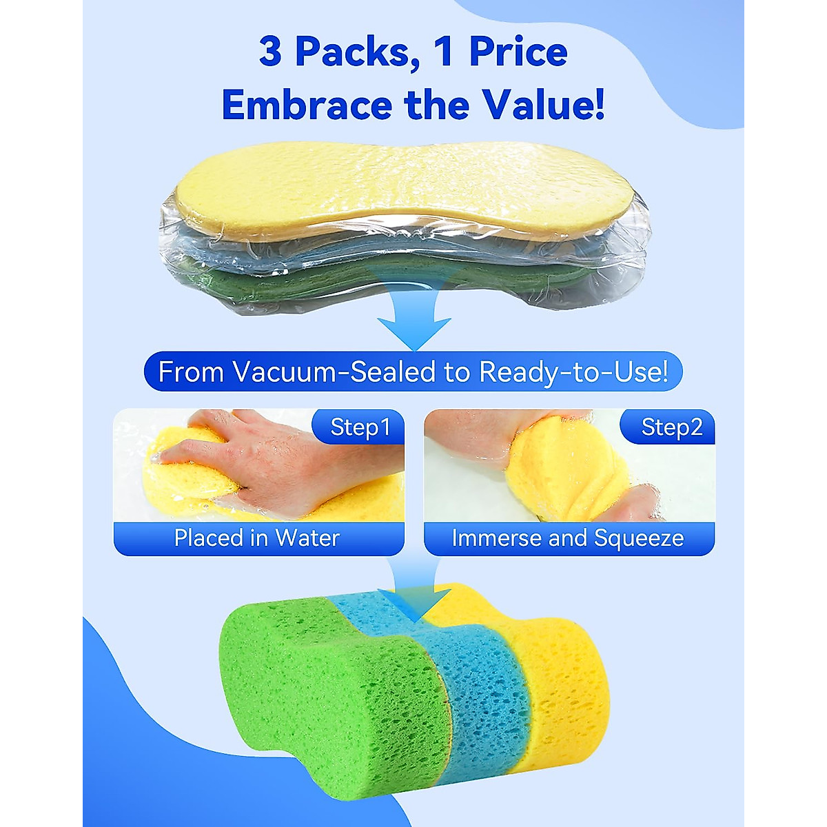 Temede Car Wash Sponge, Large All Purpose Sponges for Cleaning, 2.4in Thick Foam Scrubber Kit, Sponges for Dishes, Tile, Bike, Boat, Easy Grip Sponge for Kitchen, Bathroom, Household Cleaning, 3pcs